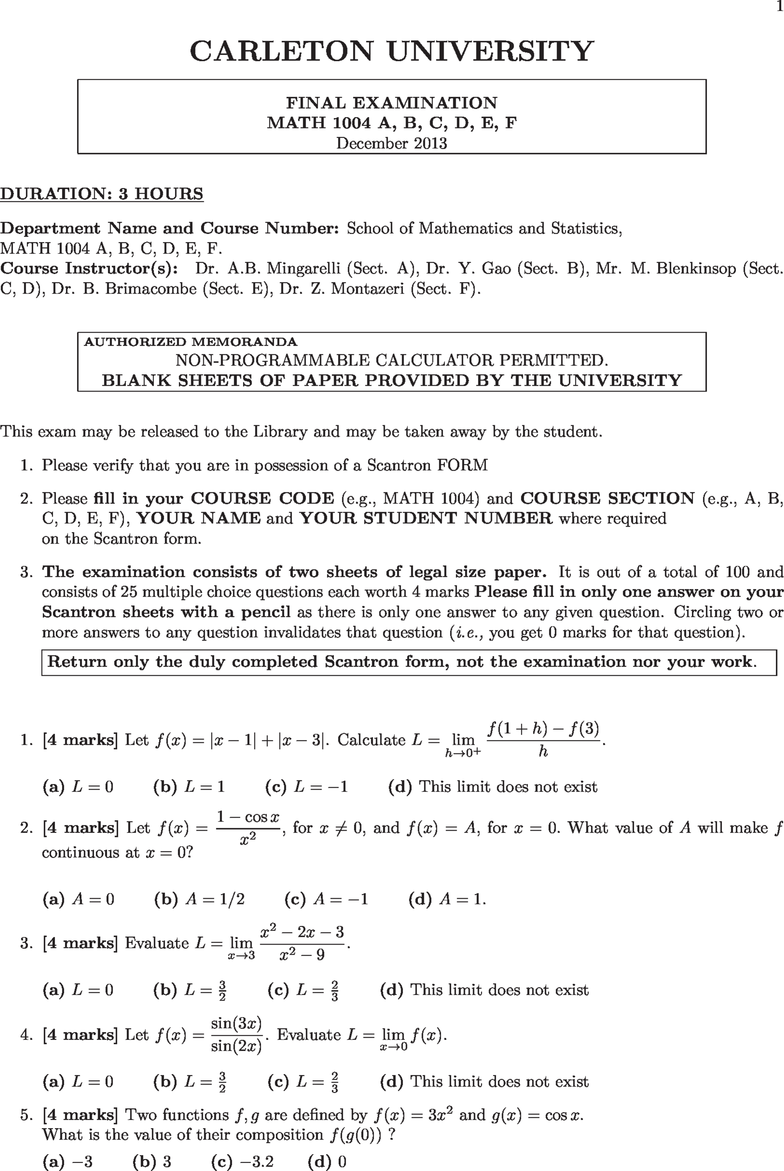 MATH 1004 Final: Carleton - MATH 1004 Final Exam 2013 Fall Solutions ...