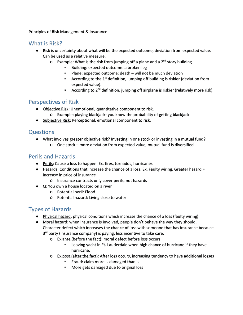 FIN 3400 : Principles of Risk Management and Insurance Notes (detailed ...
