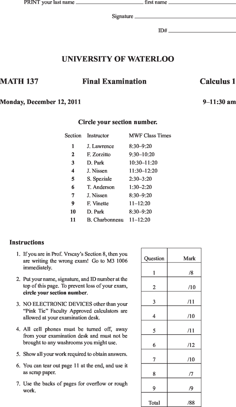 MATH137 Final: Waterloo - MATH137 Final Exam 2011 Fall Solutions - OneClass