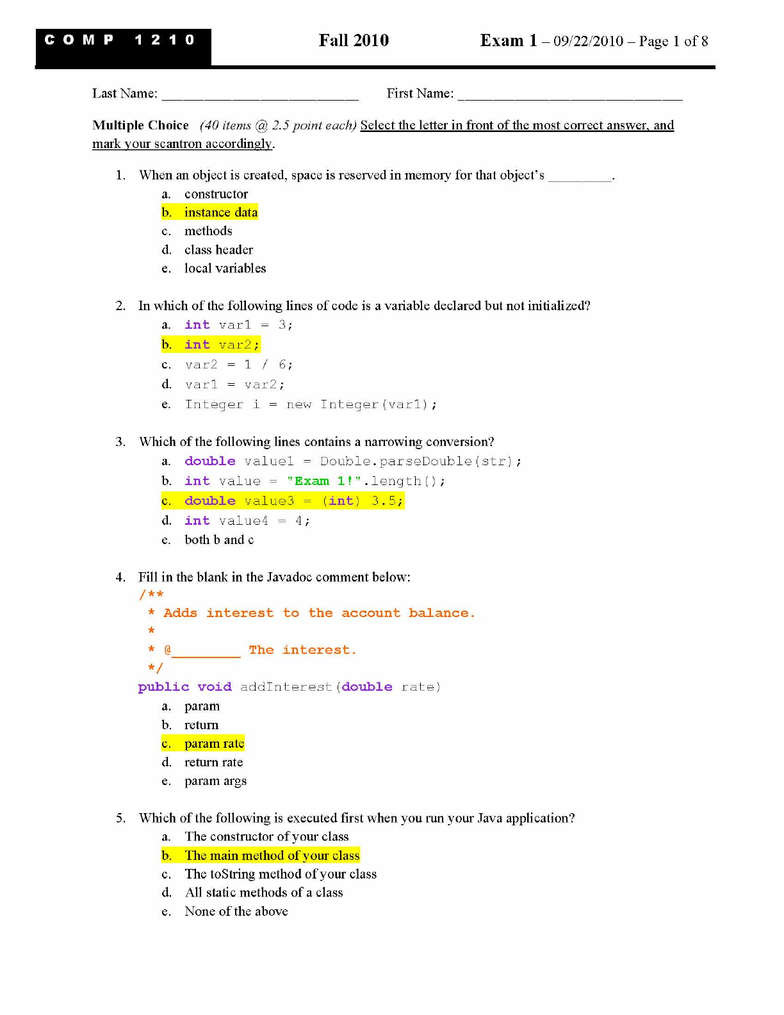 COMP 1210 Midterm: COMP 1210 Exam 1 Page 8 - OneClass
