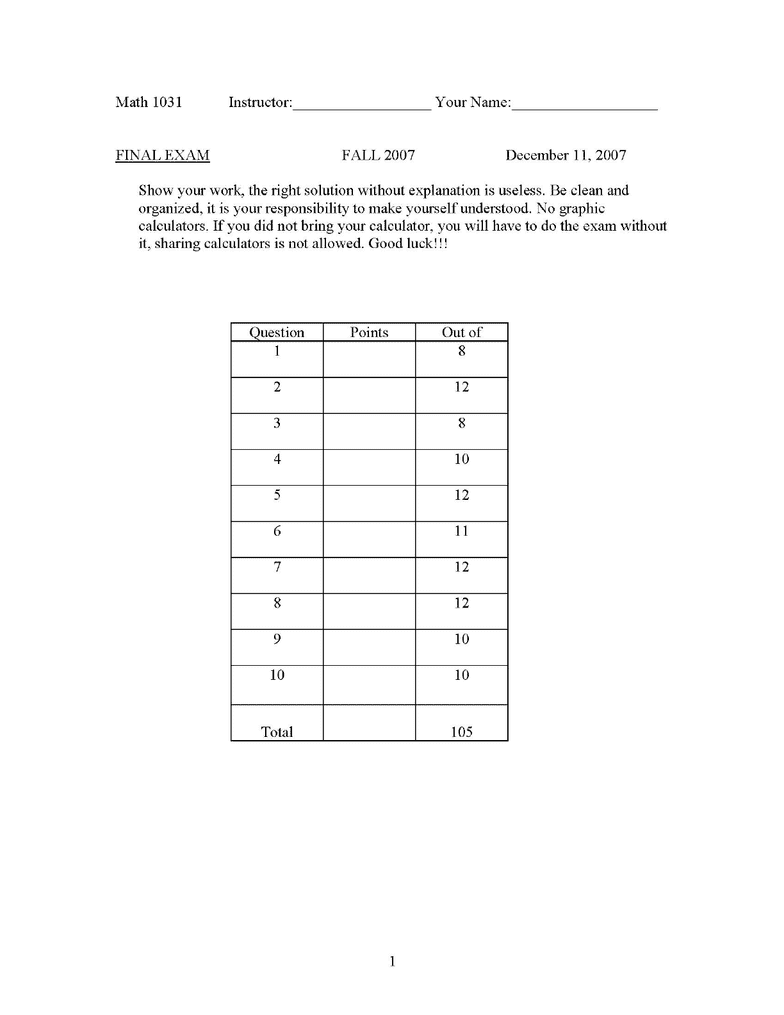 MATH 1031 Final: MATH 1031 Final Exam - OneClass