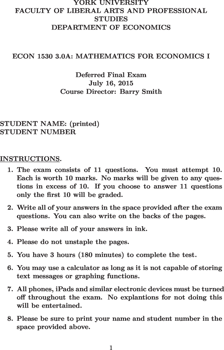ECON 1530 Final: York - ECON 1530 Final Exam 2015 Summer Solutions ...